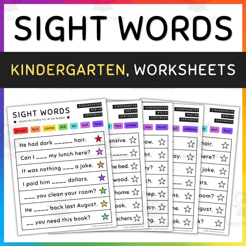 Sight Word Sentences, Fill in the Blanks, Kindergarten - SET 7 by Teach ...