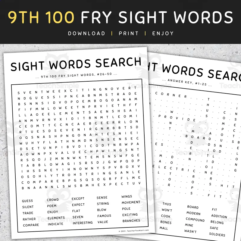 Sight Words Games: Word Search, 9th 100 Fry Words, [SET 6] by Teach Simple