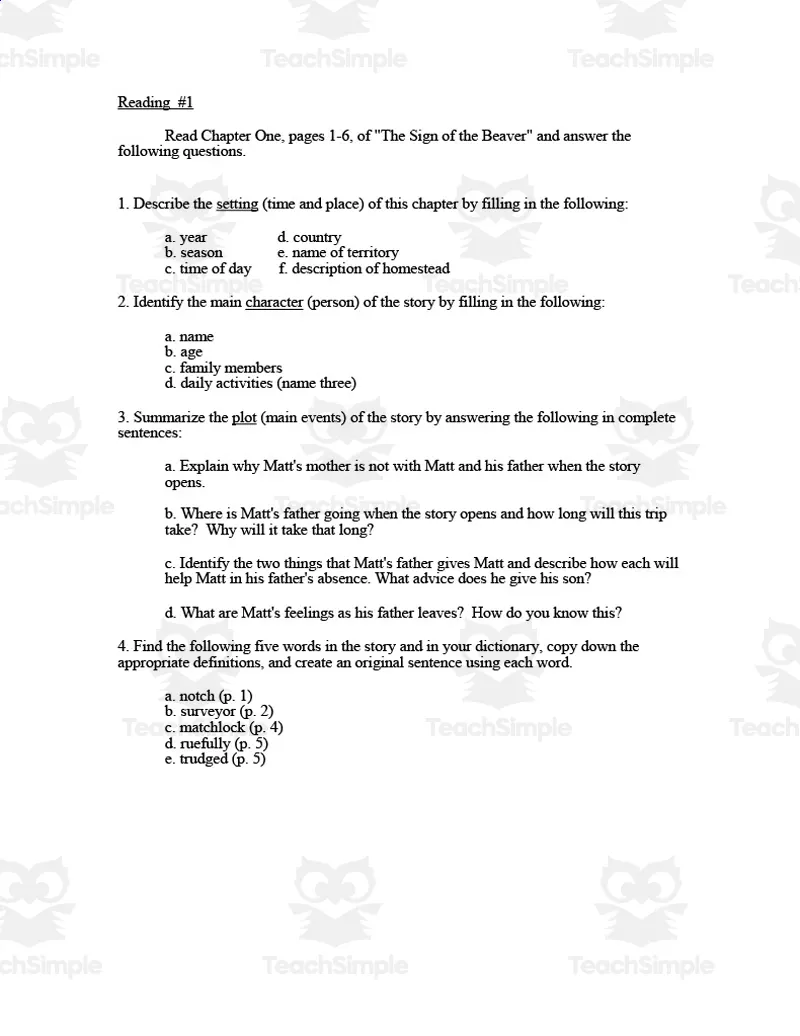 Sign of the Beaver Unit by Teach Simple