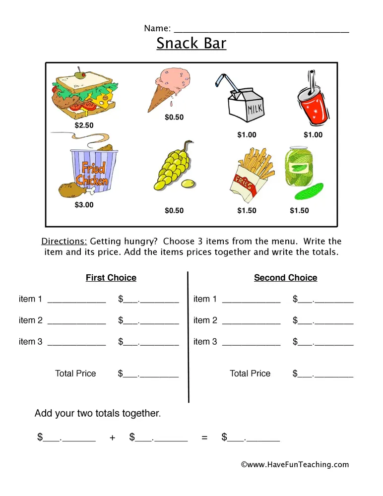 Snack Bar Payment Worksheet by Teach Simple