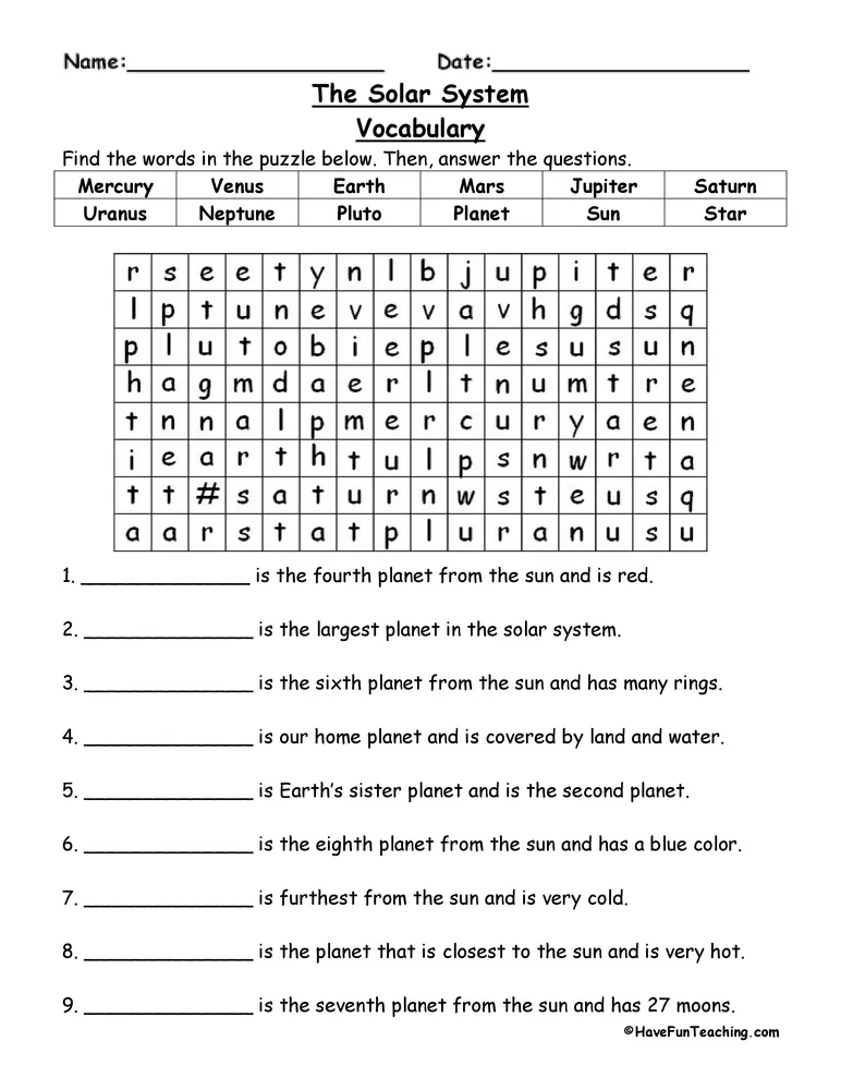 Solar System Word Search Worksheet by Teach Simple