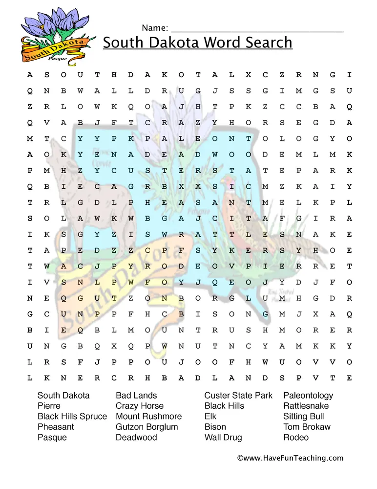 South Dakota Word Search Worksheet by Teach Simple