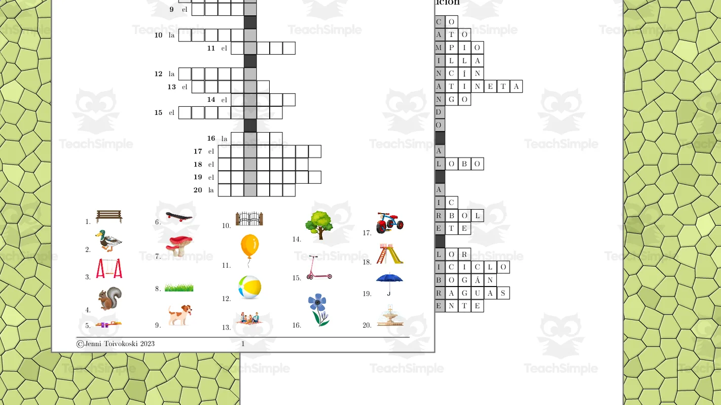 Spanish Crossword: En el parque - In the park by Teach Simple