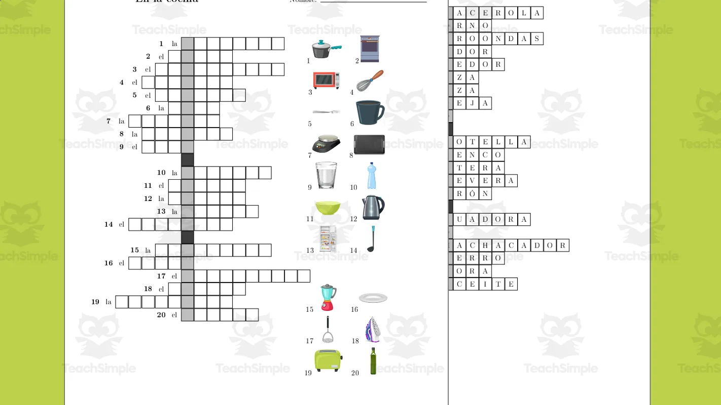 Spanish Crossword Puzzle: In the Kitchen - En la Cocina by Teach Simple