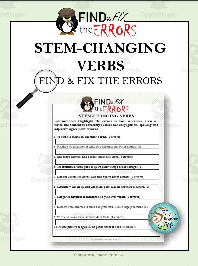 Spanish: Find Errors with Stem Changing and Fix Them by Teach Simple