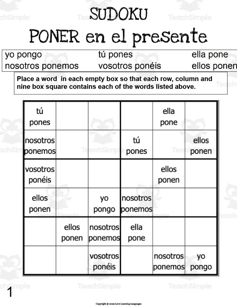 Spanish: PONER Present Tense Sudoku by Teach Simple