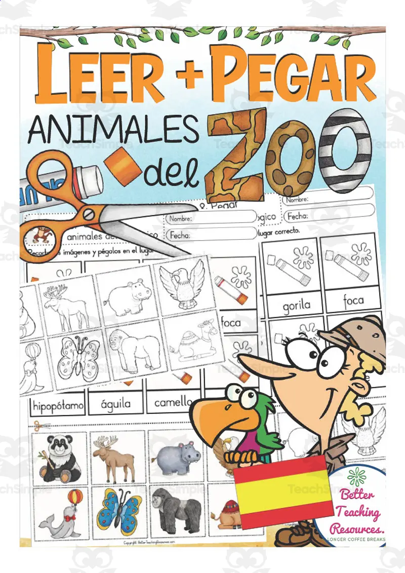 Spanish: Vocabulary Practice Sheet | Zoo Animals Cut and Paste by Teach ...