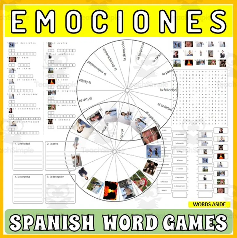 Spanish Word Puzzles Crossword Wordsearch Anagram EMOTIONS by Teach Simple