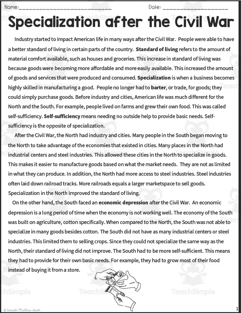 Specialization after the Civil War Reading Packet by Teach Simple