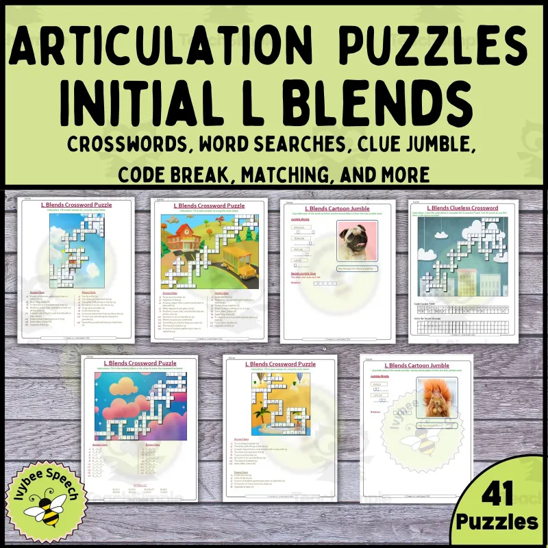 Speech Therapy Articulation L Blends Puzzles Crosswords, Codebreakers ...