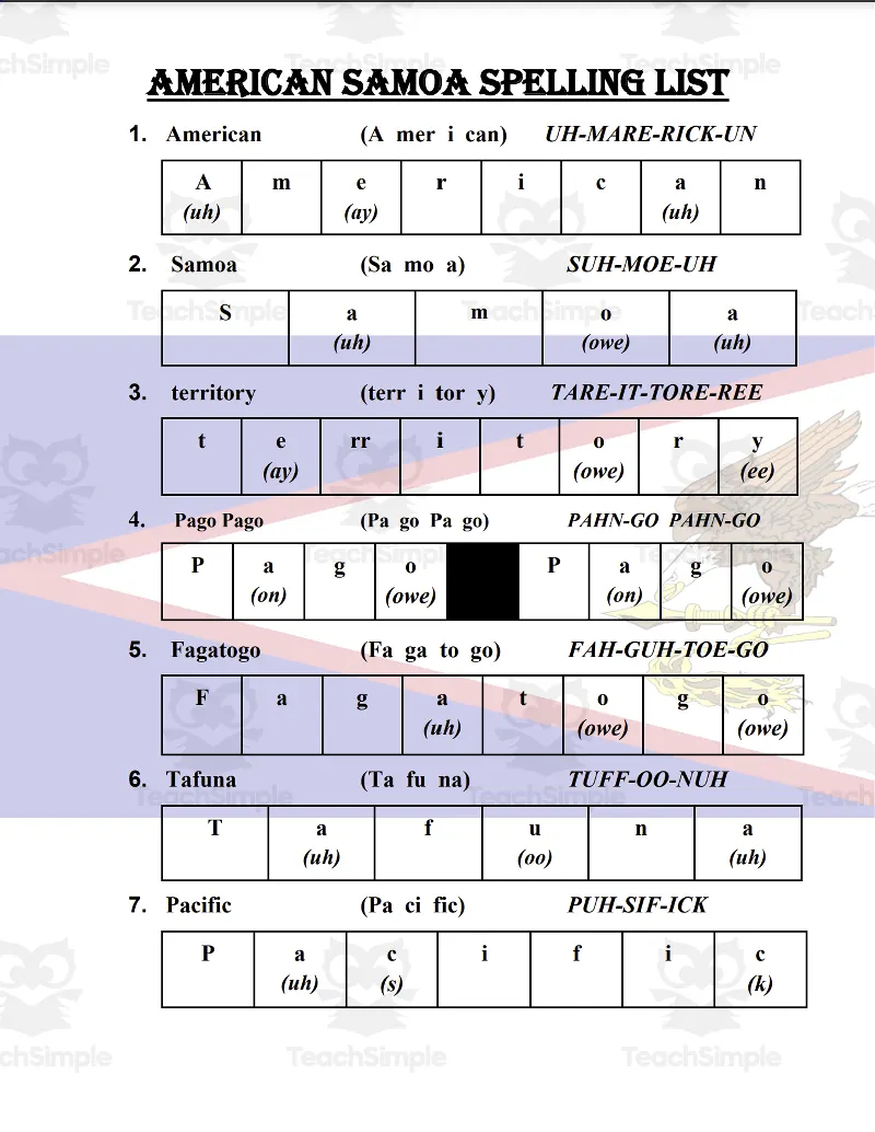 Spelling List: American Samoa by Teach Simple