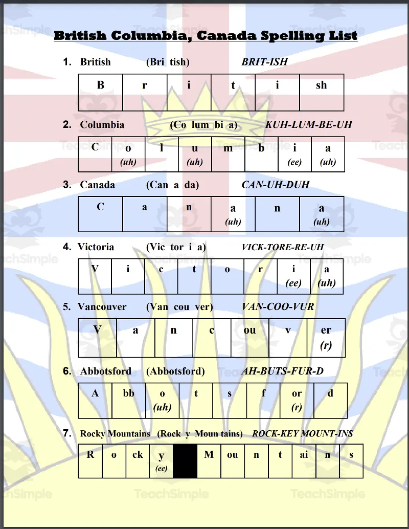 Spelling List: British Columbia (Canada) by Teach Simple