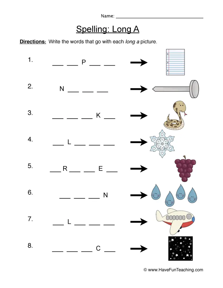 Spelling Long A Worksheet by Teach Simple