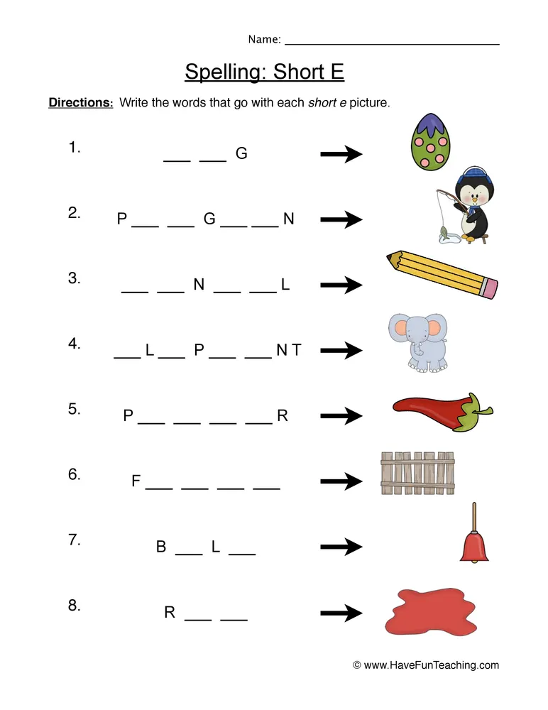 Spelling Short E Worksheet by Teach Simple