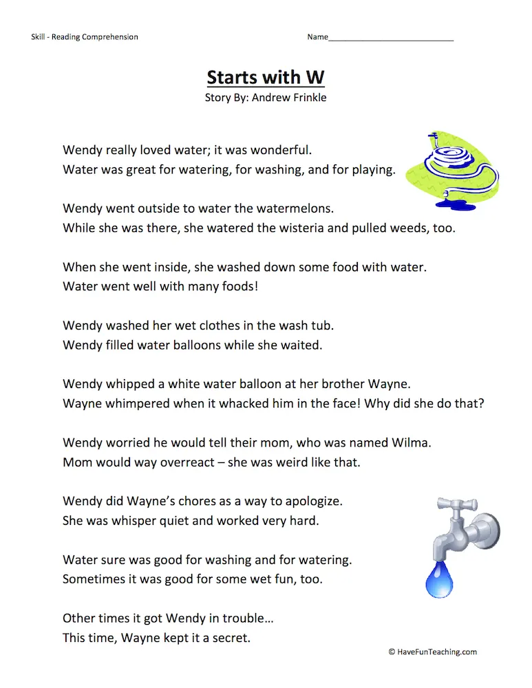 Starts With W Reading Comprehension Worksheet by Teach Simple