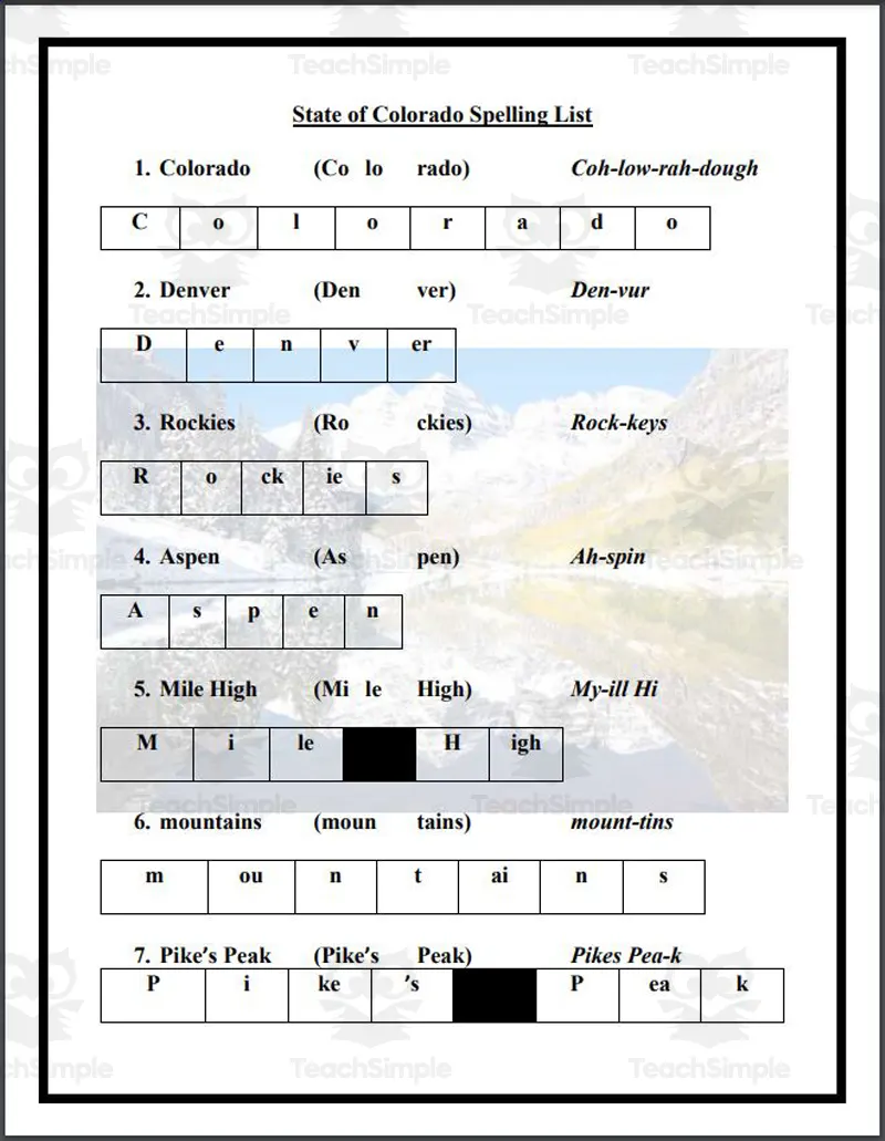 State of Colorado Spelling List by Teach Simple