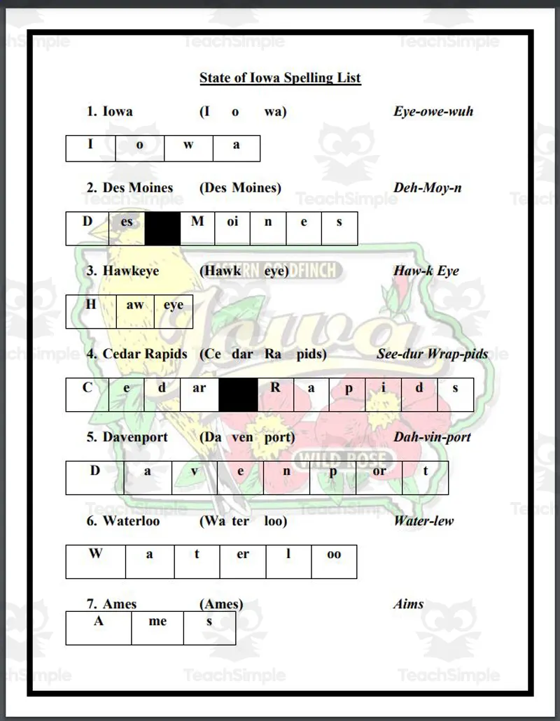 State of Iowa Spelling List by Teach Simple