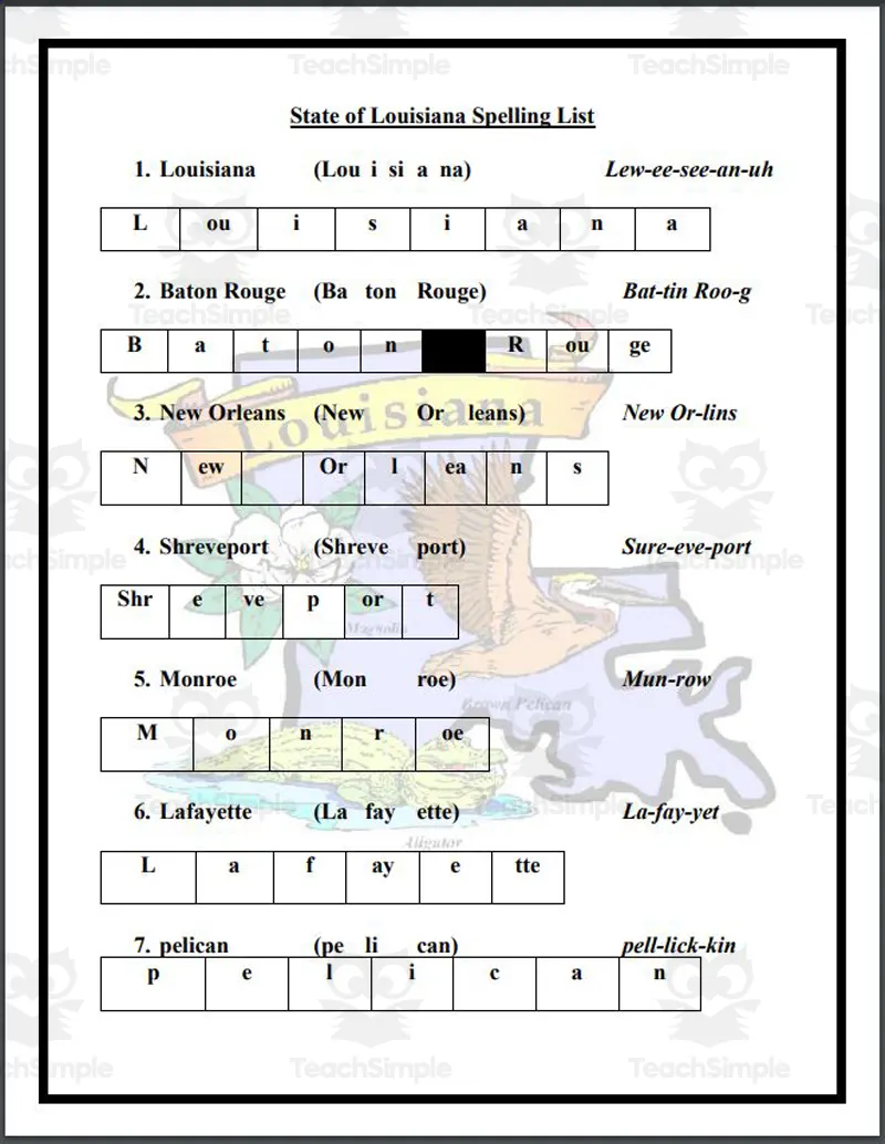 State of Louisiana Spelling List by Teach Simple