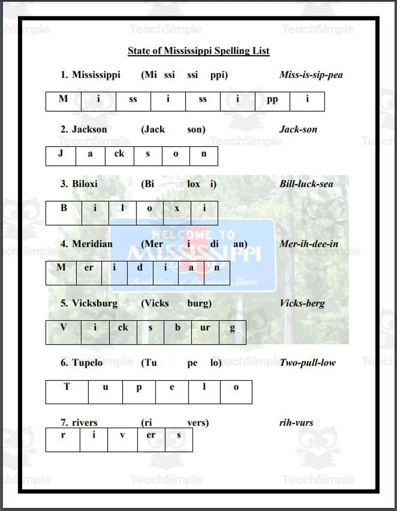 State of Mississippi Spelling List by Teach Simple
