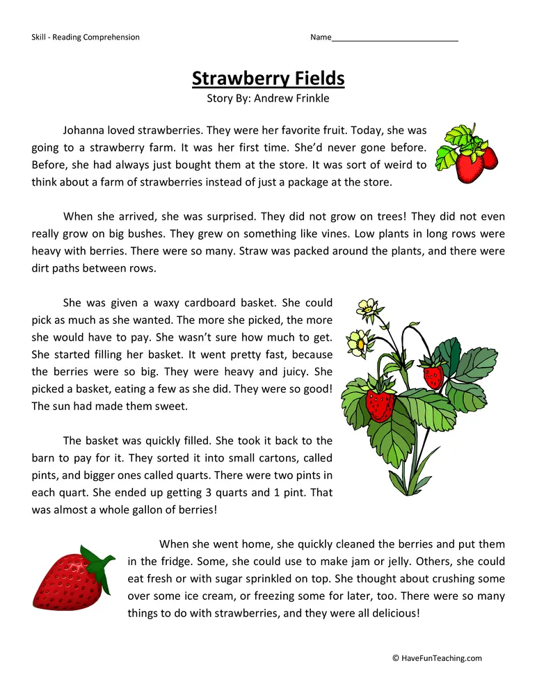Strawberry Fields Reading Comprehension Worksheet by Teach Simple