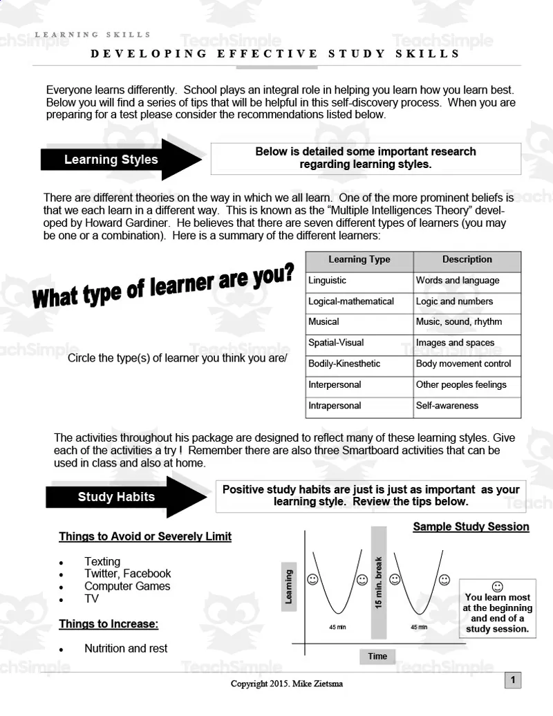 Study Tips and Techniques Printable by Teach Simple