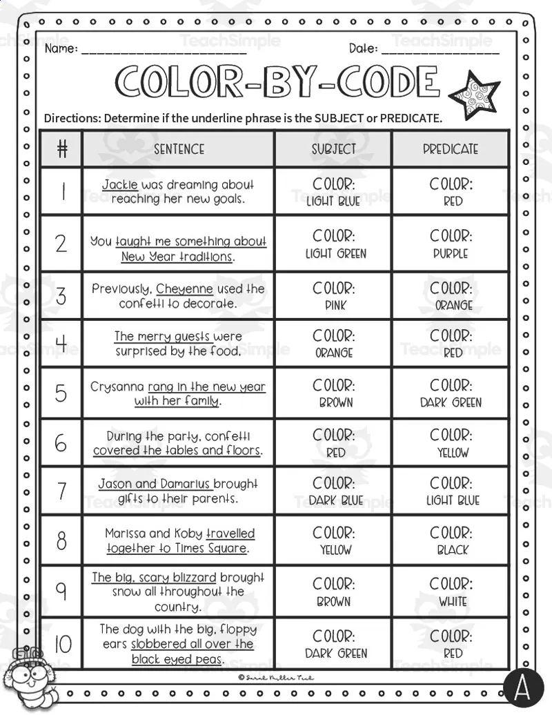 Subject + Predicate New Year Color by Code Worksheets by Teach Simple Subject + Predicate New Year Color by Code Worksheets by Teach Simple