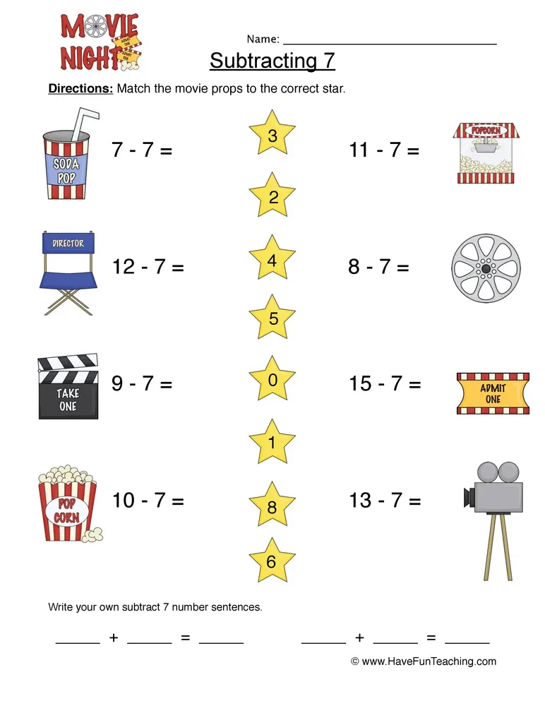 Subtract Seven Matching Worksheet by Teach Simple