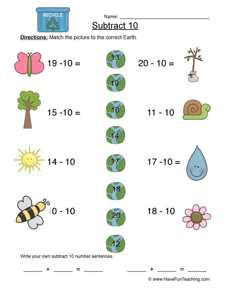 Subtract Ten Matching Worksheet by Teach Simple