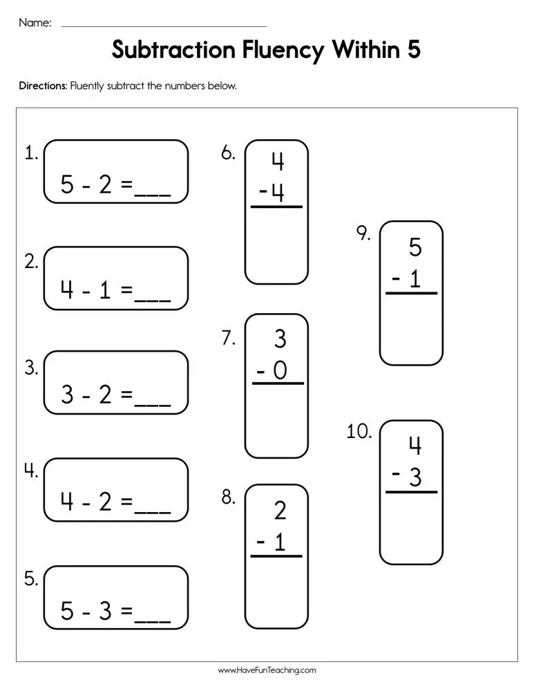 Subtracting Fluency Within 5 Worksheet by Teach Simple