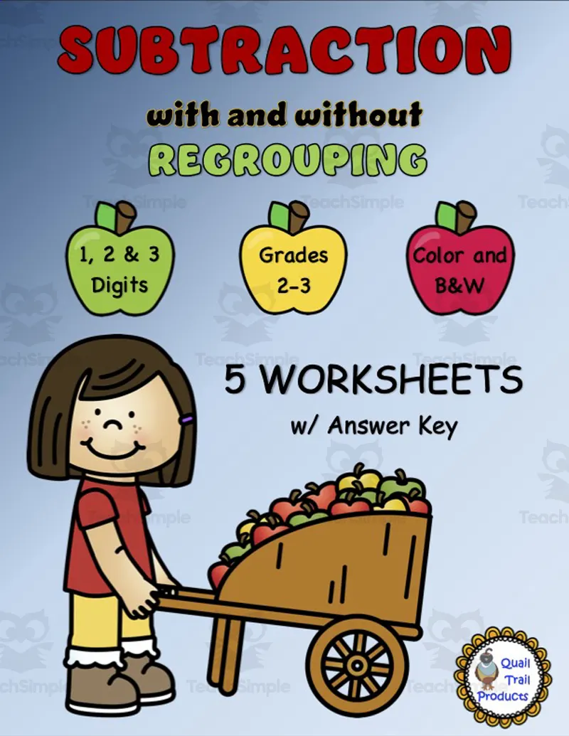 Subtraction with and without Regrouping Worksheets-Apple Theme by Teach ...
