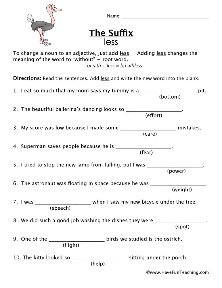 Suffix LESS Worksheet by Teach Simple