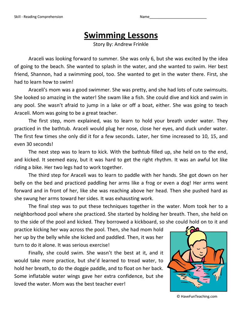Swimming Lessons Reading Comprehension Worksheet by Teach Simple