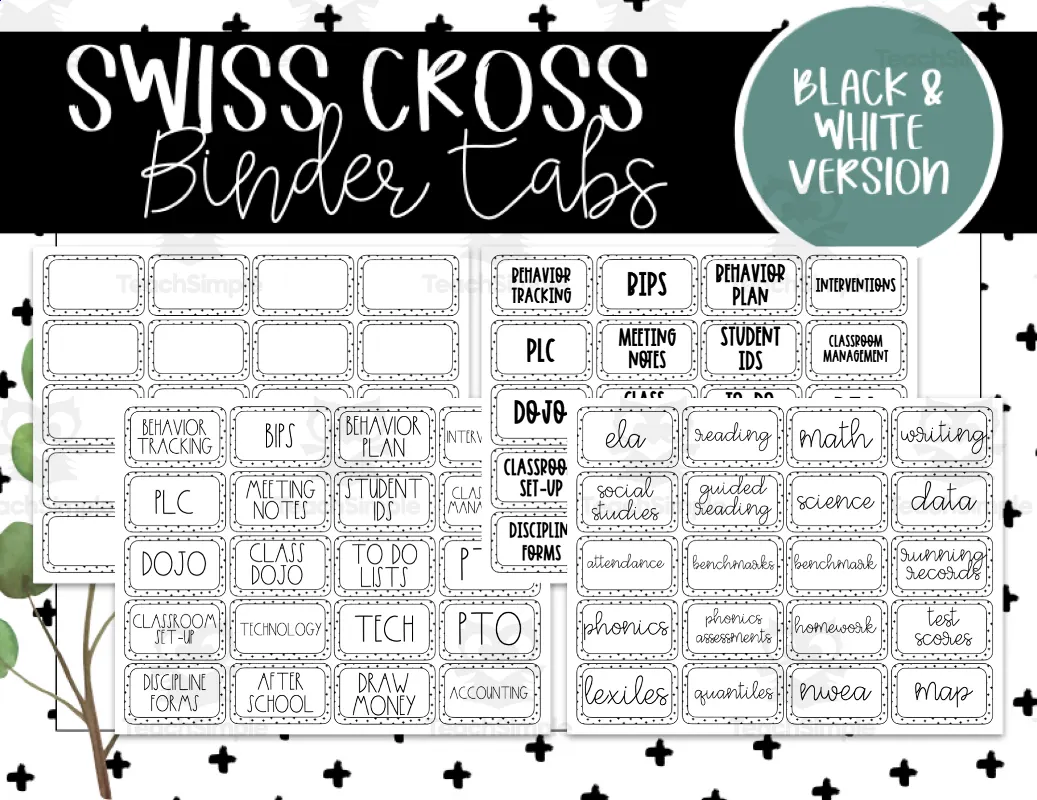 Swiss Cross Black and White Binder Tabs by Teach Simple
