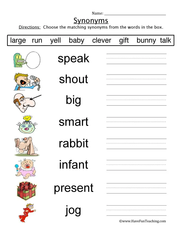Synonyms Word Bank Worksheet by Teach Simple