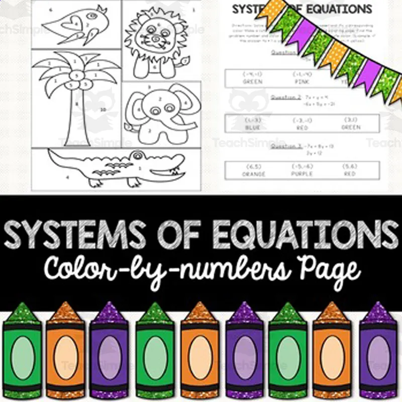 Systems of Equations Color by Number Worksheet by Teach Simple