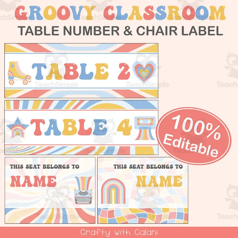 Table Number and Chair Labels in Pastel Groovy Theme - 100% Editable by ...