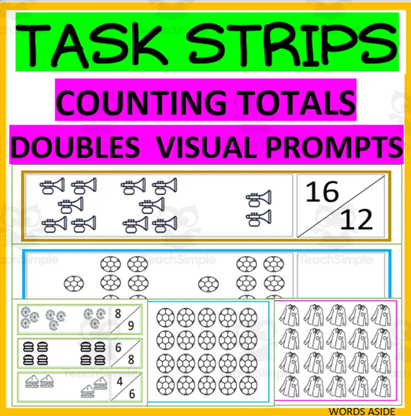 TASK STRIPS: COUNTING TOTALS WITH DOUBLES FACTS VISUAL PROMPTS CARDS by ...