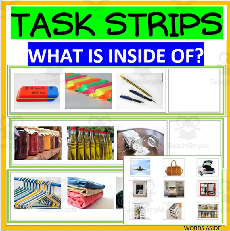 TASK STRIPS| WHAT IS INSIDE OF| VOCABULARY REASONING CARDS by Teach Simple
