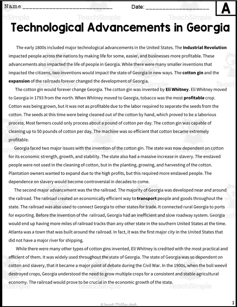 Technological Advancements in Georgia Reading Packet by Teach Simple