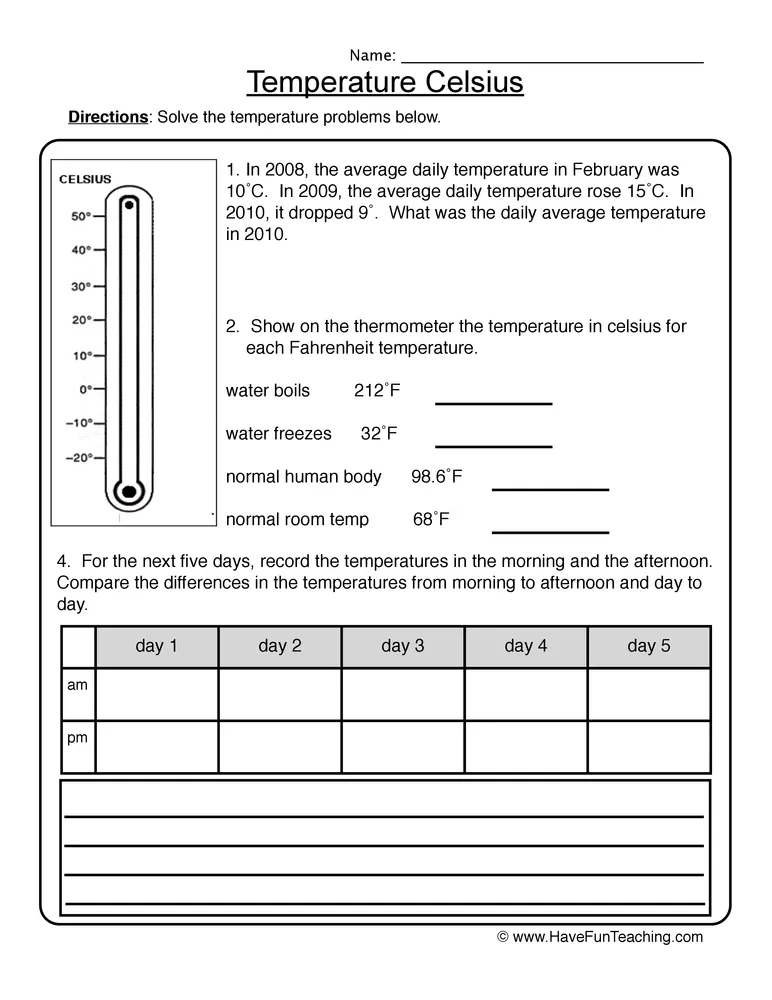 Temperature Celsius Worksheet by Teach Simple