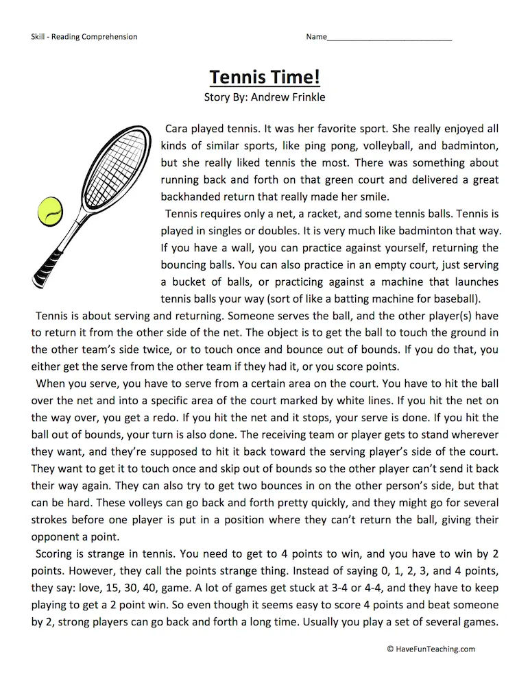 Tennis Time Reading Comprehension Worksheet by Teach Simple