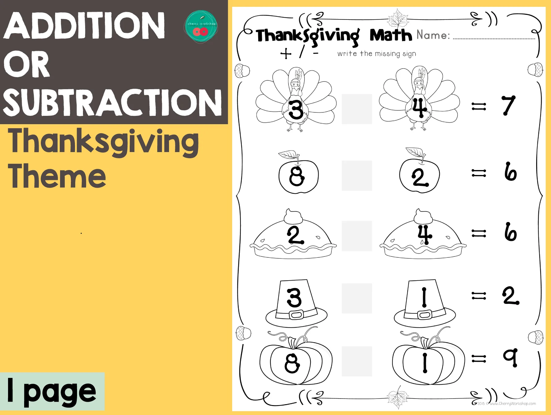 Thanksgiving Additon or Subtracton by Teach Simple