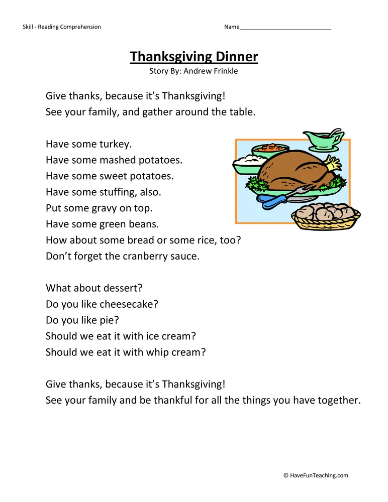 Thanksgiving Dinner Reading Comprehension Worksheet by Teach Simple