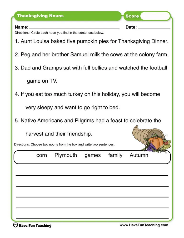 Thanksgiving Nouns Worksheet by Teach Simple