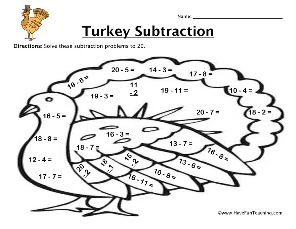 Thanksgiving Turkey Subtraction Worksheet by Teach Simple
