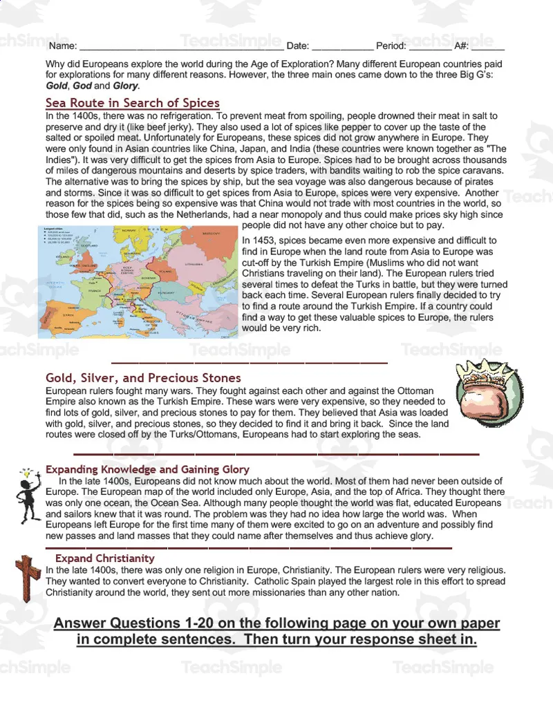 The Age of Exploration | Comprehension Review Packet by Teach Simple