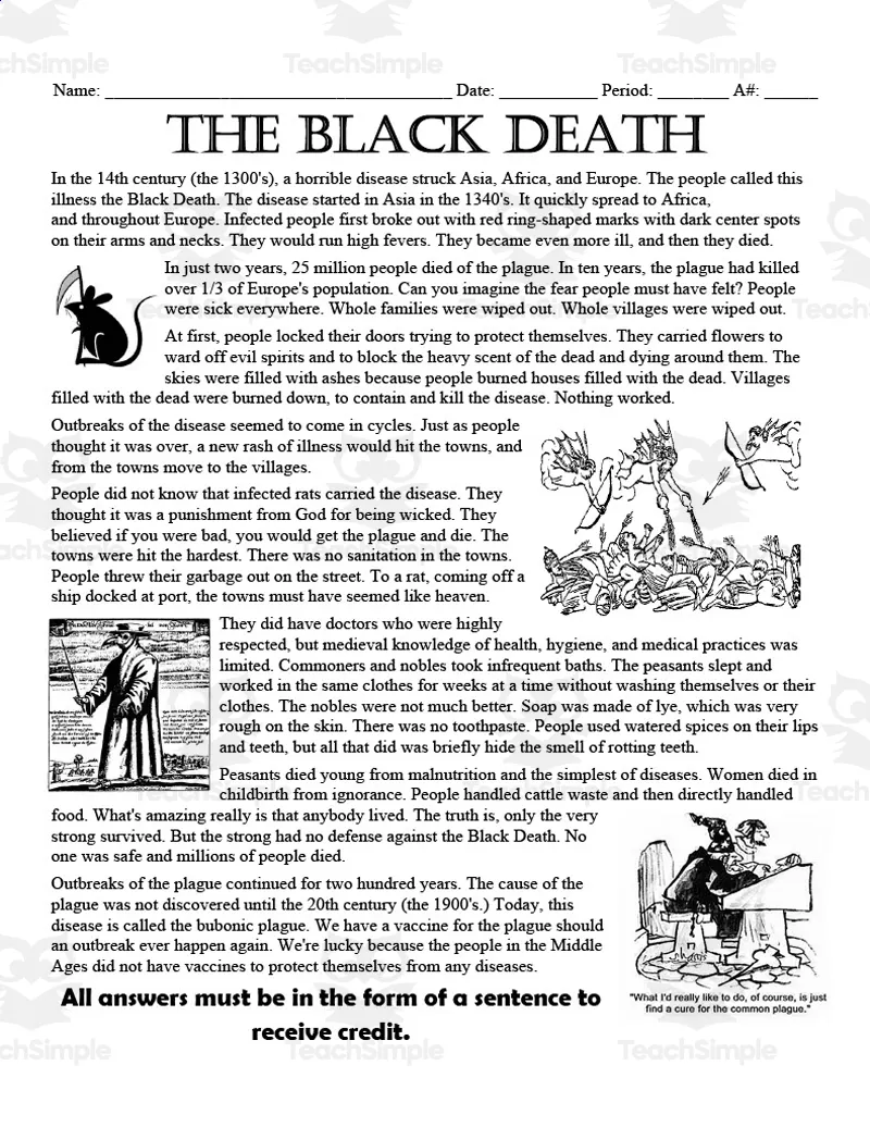 The Black Death | Comprehension Questions by Teach Simple