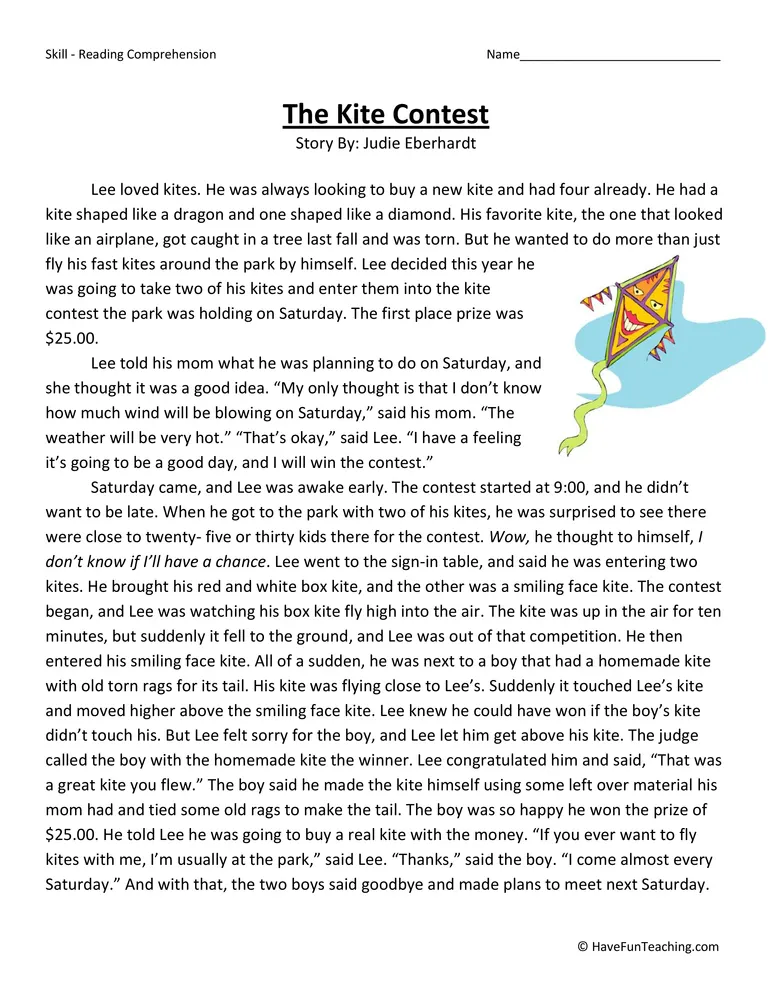The Kite Contest Reading Comprehension Worksheet by Teach Simple