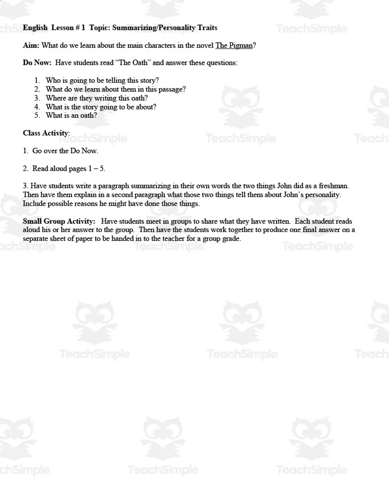 The Pigman Unit Lessons by Teach Simple