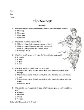 The Tempest Act 3 Quiz by Teach Simple